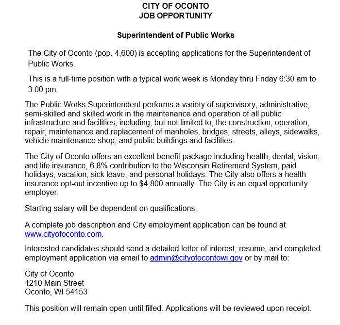 Job Opportunity Superintendent Of Public Works City Of Oconto Job Opportunity Superintendent Of Public Works City Of Oconto