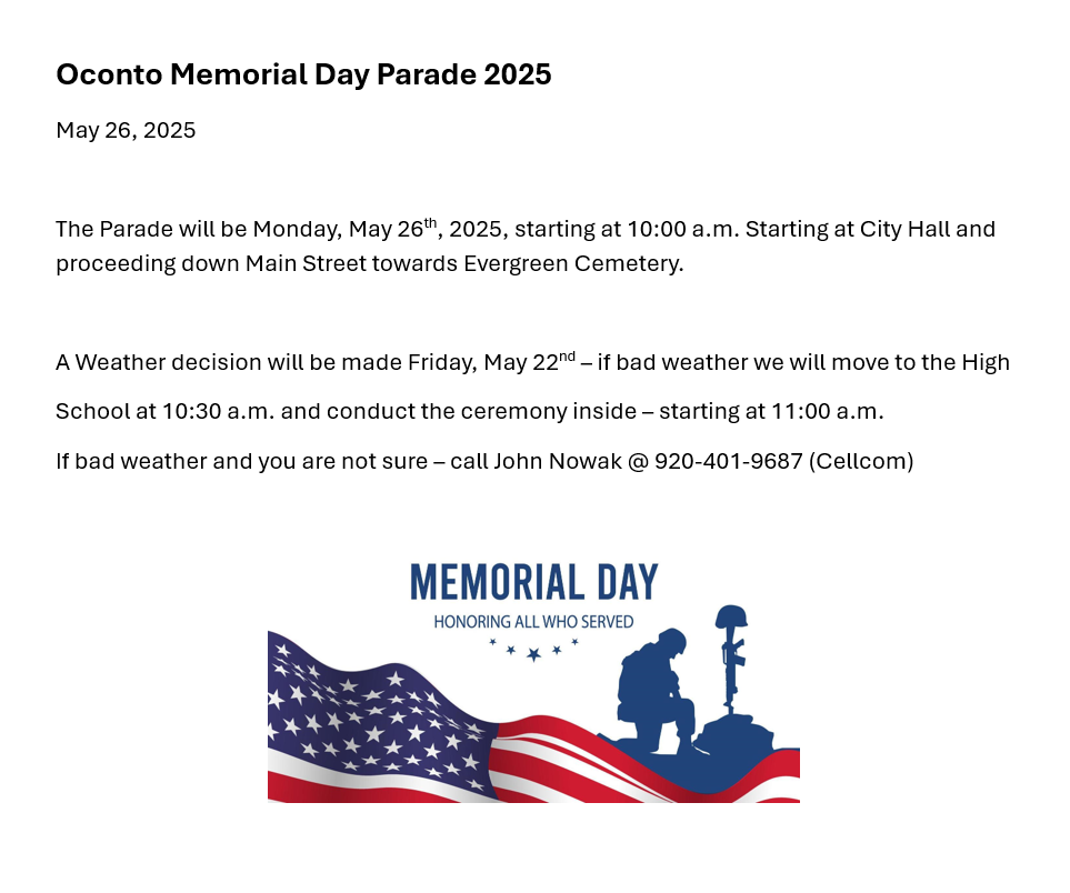 Oconto Memorial Day Parade 2025 - City Of Oconto