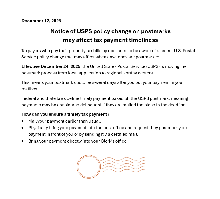 Notice of USPS policy change on postmarks may affect tax payment ...